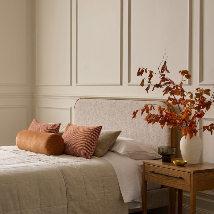 Readymade Louis bed in Akira sand with brass velvet side profile ...