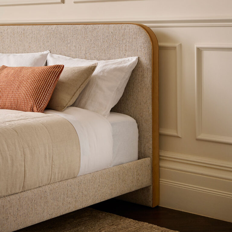 Readymade Louis bed in Akira sand with brass velvet side profile ...